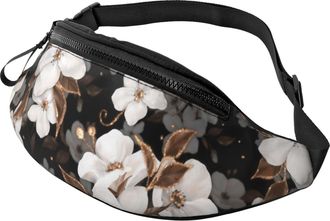 Generic Sporttasche Atmungsaktiv H&uuml;fttasche Wei&szlig;e Blumen Und Goldene Elemente Multifunktionale Brusttasche F&uuml;r Herren Reisen Wandern 14X35Cm