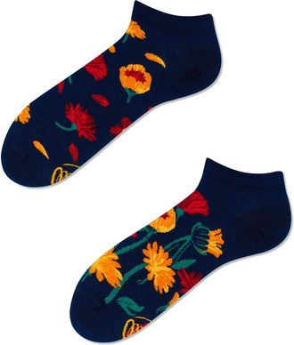 Many Mornings Bunte Lustige Socken Flower Power Navy Low 43-46 Unisex Kurze Socken Ungleiche Designs Blumen-Muster Bequeme Baumwollsocken