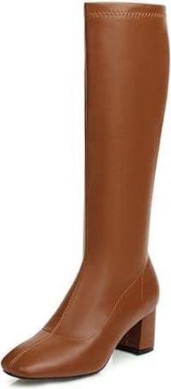 Generic Marron,34 EU,Bottes Hautes pour Femmes, Automne-Hiver, Bout carré, Talons épais, Bottes Longues élastiques, Fermeture éclair latérale, Cuir PU, Chauss