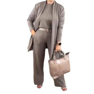 Generic &Eacute;l&eacute;gant cardigan long et haut et pantalon, ensemble 3 pi&egrave;ces, tenues de voyage 3 pi&egrave;ces pour femmes, marron clair, XXL
