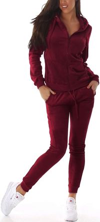 Jela London Damen Nicki Hausanzug Jogginganzug Velour Samt Jogging Freizeit Hose Kapuzen Jacke, Weinrot, 36-38 (M)