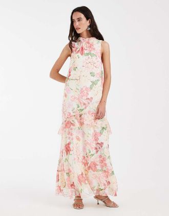 Vero Moda Hochgeschlossenes, &auml;rmelloses Maxikleid in Cremewei&szlig; mit R&uuml;schensaum und rosa Blumenmuster
