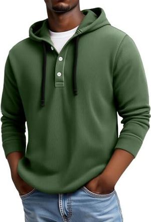 Generic Chemise à capuche en velours côtelé pour homme, manches longues, col boutonné, décontracté, sweat-shirt à capuche casaul à manches longues, vert milit