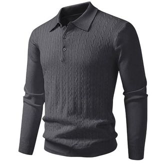 Generic Pull thermique à manches longues pour homme - Couleur unie - Facile dentretien - Col polo - Pull ample décontracté - Poignets élastiques - Tricot tric