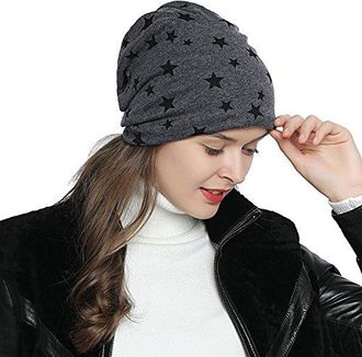 DonDon Bonnet Femme Hiver Slouch Beanie doubl&eacute; avec &eacute;toiles - Gris fonc&eacute;