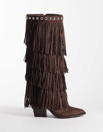 Asos Christine - Bottes montantes &agrave; franges - Chocolat-Brown