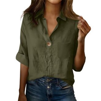 Generic Chemise en lin pour femme, coupe ample, manches 3/4, col boutonn&eacute;, col en V, chemisier d&eacute;t&eacute; habill&eacute; d&eacute;contract&eacute; boh&egrave;me, Vert, 4XL