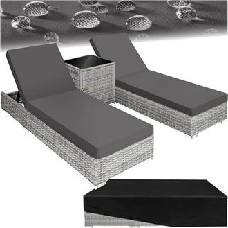 TecTake Set de 2x Chaise Longue Bain de Soleil avec Dossier r&eacute;glable + Table de Jardin en Aluminium et Resine Tressee + 2 Set de Housses + Housse de Protectio