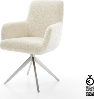 DELIFE Drehstuhl Heira-Flex mit Armlehnen Teddystoff Beige Kreuzgestell breit Edelstahl 360&deg; drehbar Wippfunktion Taschenfederkern, Esszimmerst&uuml;hle