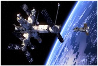 Wallario Glasbild Raumfahrt - Raumstation und Raumschiff im Weltall - 60 x 90 cm Wandbilder Glas in Premium-Qualität: Brillante Farben, freischwebende Optik