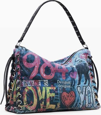 Desigual Grand sac &agrave; motif graffiti - Noir-multicolore