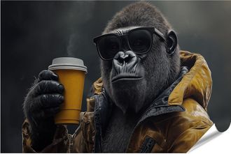 Islandburner XXL Bild Poster Gorilla mit Kaffee und Sonnenbrille in Jacke Premium Bilder Fotodruck