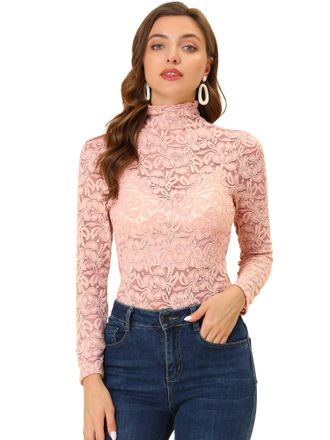 Allegra K Damen Langarm Durchsichtig Spitze Oberteil Stehkragen Mesh Blumen Lace Hochgeschlossene Top Bluse Rosa M