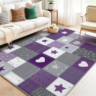 Generic Tapis &agrave; Motif Motifs G&eacute;om&eacute;triques Minimalistes &Eacute;toiles Pois Grand Antid&eacute;rapant &agrave; Poils Courts Doux Chambre Poil Ras de Sol Gris Violet, 140 x 200 cm