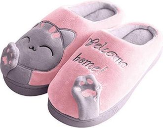 Minetom Hiver Unisex Intérieure Chaussons Coton Pantoufles Peluche Chaudes Cartoon Chat Animal Antidérapant Chaussons Hommes Femmes Slipper House Shoes D Rose