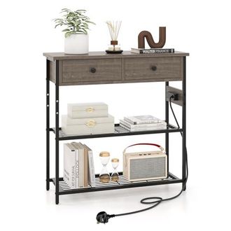 Giantex Table Console Étroite avec Prise, Meuble Console avec 1 Ports USB, 1 Type-C, Table dEntrée Industriel avec 2 Tiroirs, 2 Étagères en Treillis Métalliqu