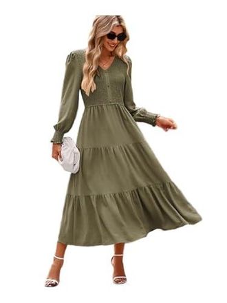 Kate Kasin Robe d&eacute;contract&eacute;e &agrave; manches longues pour femme - Col en V - Longueur maxi - Corsage smock&eacute; avec poches - Taille &eacute;lastique - Ligne A - Pour le travail 