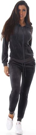Jela London Damen Nicki Hausanzug Jogginganzug Velour Samt Jogging Freizeit Hose Kapuzen Jacke, Dunkelgrau, 34-36 (S)