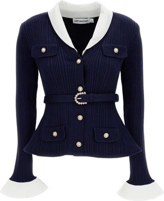 Self Portrait Femme, Pulls, Bleu, Taille: 42 FR Cardigan en Maille C&ocirc;tel&eacute;e