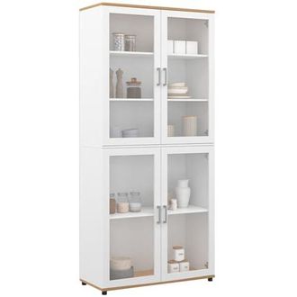 IDMarket Vitrine Buffet Haut H. 176 cm vaisselier VITO 4 Portes vitr&eacute;es Blanc et Bois