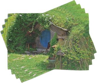 Abakuhaus Hobbits Platzmatten, Fantasie-Hobbit-Land-Haus in der magischen Overhill-Holz-Film-Szene Neuseeland, Tiscjdeco aus Farbfesten Stoff für das Esszimmer 