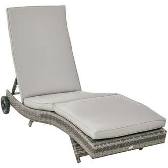 OUTSUNNY Bain de soleil transat grand confort - dossier inclinable 5 positions roulettes - matelas d&eacute;houssable inclus - r&eacute;sine tress&eacute;e grise-Gris