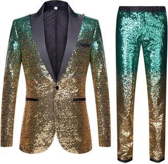 Generic Blazer &agrave; paillettes brillantes pour homme - Ensemble deux pi&egrave;ces - Blazers crant&eacute;s d&eacute;contract&eacute;s et intelligents - Un bouton - Coupe r&eacute;guli&egrave;re - Change
