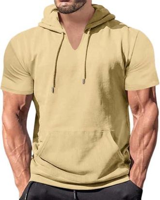 Generic T-shirt &agrave; col en V pour homme, manches courtes, coupe ajust&eacute;e, coupe ajust&eacute;e, couleur unie, polo avec poches, t-shirt l&eacute;ger et respirant pour l&eacute;t&eacute;, la