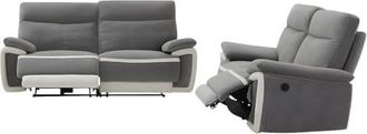 Vente-Unique Canapés 3 Places et 2 Places Relax électrique en Velours METTI - Gris et Bandes écru