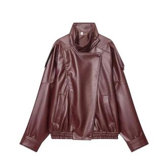 Generic Veste ample en cuir synth&eacute;tique pour femme, col montant et fermeture &eacute;clair, manches longues, automne et hiver, rouge vin, XS