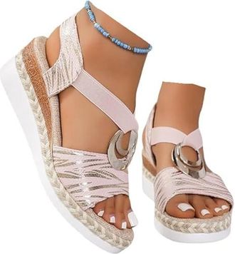 Generic Sandales compens&eacute;es pour femme Uk2026, soutien de la vo&ucirc;te plantaire, bout ouvert, sangle de cheville, sandales &agrave; enfiler, d&eacute;coration en m&eacute;tal, chauss