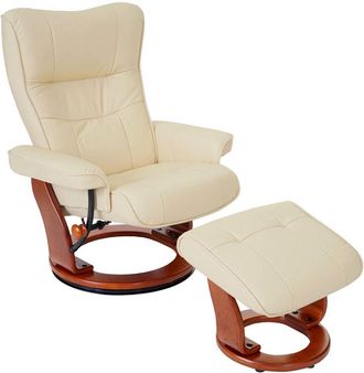 Hhg Robas Lund fauteuil relax Montreal, fauteuil de télévision, tabouret, cuir, charge 130kg, crème, doré