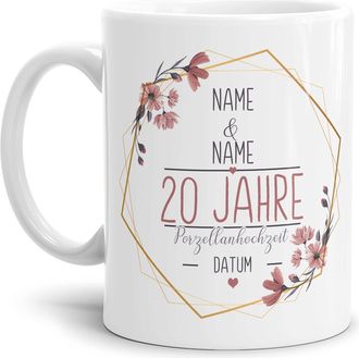 Tassendruck Tasse zum Hochzeitstag Porzellan Hochzeit - mit Name & Datum selbst gestalten - 20 Jahre Ehe, Paar, Geschenk Hochzeit, Jubiläum, Jahrestag I Personali