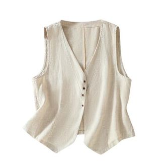 Generic Gilet Sans Manche Femme Gilet Femme D&eacute;contract&eacute; Quotidien Ville En Lin Col Ample - Veste D&eacute;contract&eacute;e Id&eacute;ale Pour Printemps-&Eacute;t&eacute;