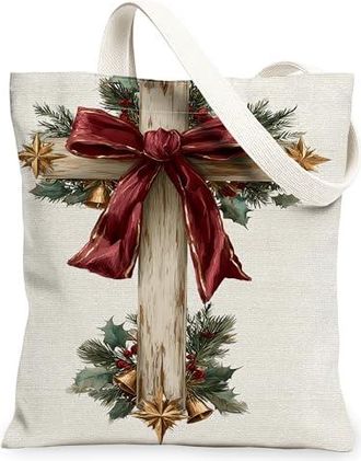 Generic Sacs fourre-tout en toile rustique, d&eacute;coration de vacances, sacs &agrave; provisions r&eacute;utilisables, vintage, l&eacute;gers, lavables, blanc, 13x15 Inch