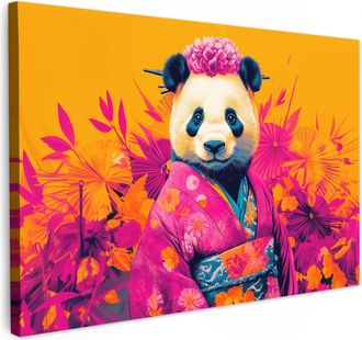 MuchoWow &copy; Wandbilder 90x60 cm Wohnzimmer Wanddeko Schlafzimmer Zimmerdeko Wandgem&auml;lde Zimmer Deko auf Wand Dekoration Wall Art Kimono - Rosa - Panda - Blumenk