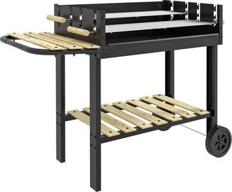 OUTSUNNY Barbecue &agrave; charbon sur pied double grille r&eacute;glable 2 roues 2 &eacute;tag&egrave;res noir