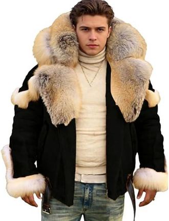 Generic Manteau long en fausse fourrure pour homme, doubl&eacute; sherpa et similicuir, noir, taille XXL