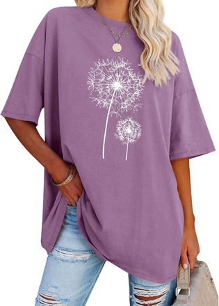 Dresswel Tshirt Damen Oversize Pusteblume Druck T-Shirt Kurzarm Rundhals L&auml;ssiges L&ouml;wenzahn Blumen Tee Shirts Sommer Oberteile Lose Lang Tops Bluse f&uuml;r Teenage