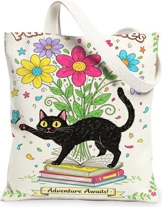 Generic Sacs fourre-tout en toile motif floral fantaisie chat color&eacute;, sacs d&eacute;picerie r&eacute;utilisables, vintage, l&eacute;gers et lavables, blanc, 13x15 Inch