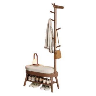 Generic Schuhbank, Schuhschrankregal aus Massivholz, mit weichem Kissen und Kleiderbügel, 3-in-1-Aufbewahrungsbank, geeignet for die Garderobe im Wohnzimmer(C