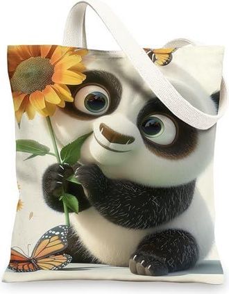 Generic Sac fourre-tout en toile motif panda mignon, adorable motif floral, sacs de courses réutilisables, légers, lavables et respectueux de lenvironnement, 