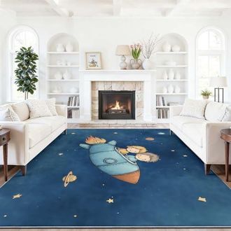 Generic Tapis Motif Aquarelle Espace Fus&eacute;e &Eacute;toile - 160 x 230 cm Antid&eacute;rapant Doux dint&eacute;rieur Tapis &agrave; Poil Ras pour Salon Chambre Salle de Jeux - Bleu Lavable