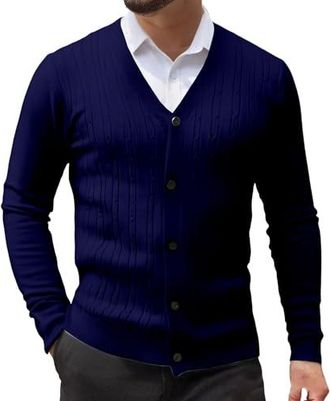 Generic Pull en tricot pour homme avec col en V profond en jacquard pour lhiver et lautomne d&eacute;contract&eacute; &agrave; manches longues boutonn&eacute;, bleu marine, L