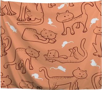 A.Monamour Wandteppiche Wanddekor Tuch Lustiges Muster Mit Gekritzelkatzen Und Maus Im Strichzeichnungsstil Stoff Wandtuch Wandbehang Wandkunst Wandbilder für Sc