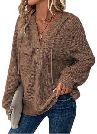 Generic Femmes Automne Hiver Mode Couleur Unie Manches Longues Col V Top avec Capuche Demi Boutonn&eacute; Cordon de Serrage Veste, caf&eacute;, 4XL