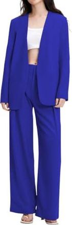 Minetom Tailleur Femme 2 Pièces Elegant Couleur Unie Manches Longues Blazer Veste Formel Bureau Travail Pantalon Set Ensemble Costumes Outfits A Bleu Foncé M