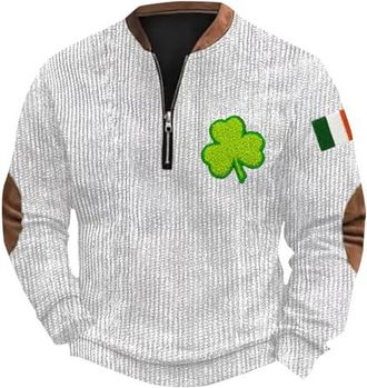 Generic Sweat-shirt de la Saint-Patrick pour homme - Style r&eacute;tro - Tr&egrave;fle vert - Imprim&eacute; tr&egrave;fle - Demi-fermeture &eacute;clair - Manches longues - Col rond - Irlande