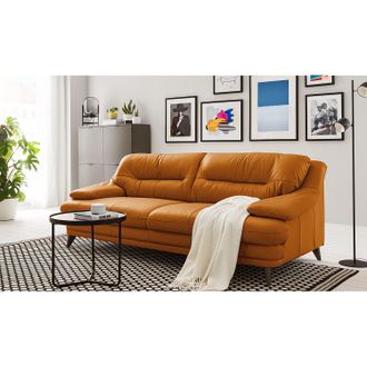 Fredriks home24 Sofa II 3-Sitzer Orange/Goldbraun Bezug: Echtleder Füße: Metall verchromt 220 x 87 x 100cm Modern