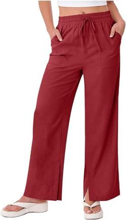 Generic Palazzo Pantalon d&eacute;t&eacute; long en lin pour femme - Taille haute - Pantalon de loisirs - Pantalon en coton et lin - &Eacute;l&eacute;gant - Pantalon d&eacute;t&eacute; l&eacute;ger et a&eacute;r&eacute; -